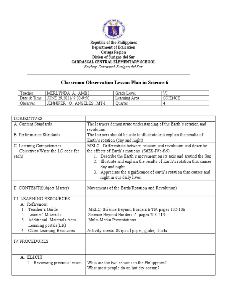 LESSON PLAN-COT2-june 29,2021 | PDF | Rotation | Earth