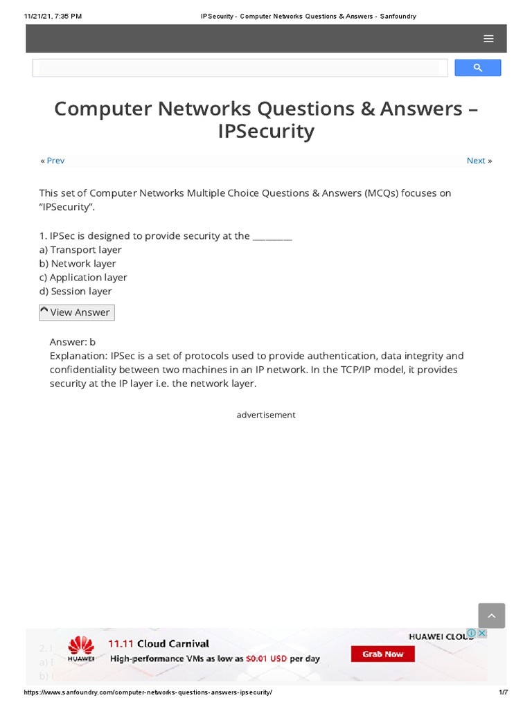 Ipsecurity Computer Networks Questions And Answers Sanfoundry Pdf Computer Network
