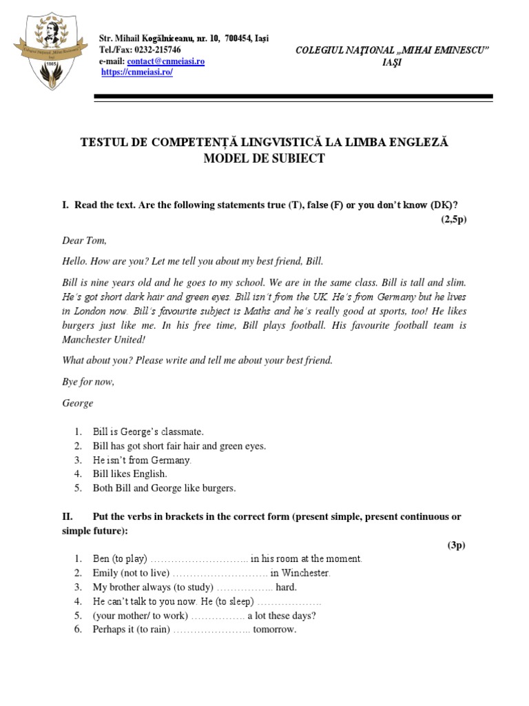 Testul de Competență Lingvistică La Limba Engleză Model de Subiect | PDF
