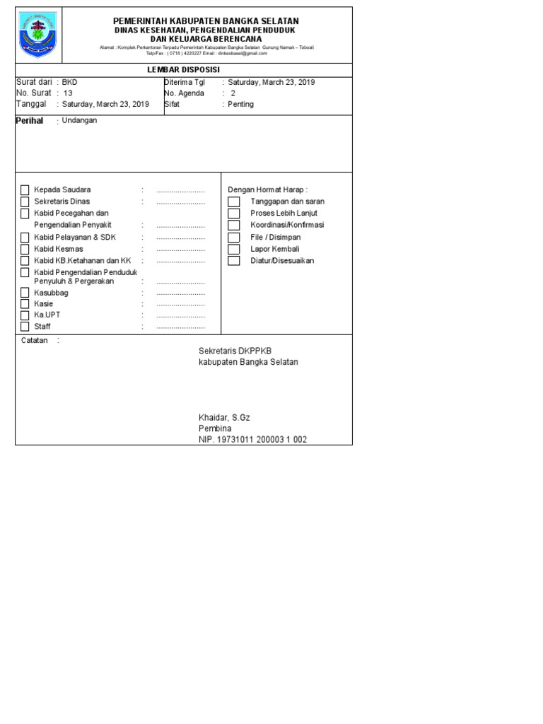 Contoh Lembar Disposisi Surat Masuk | PDF