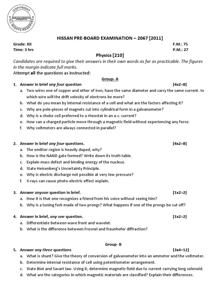 Hissan Pre-Board Exam 2067 Physics XII | PDF | Electron | Diffraction