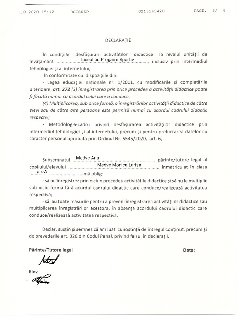 Declaratie-Angajament - Cadre Didactice - Elevi - Parinti | PDF