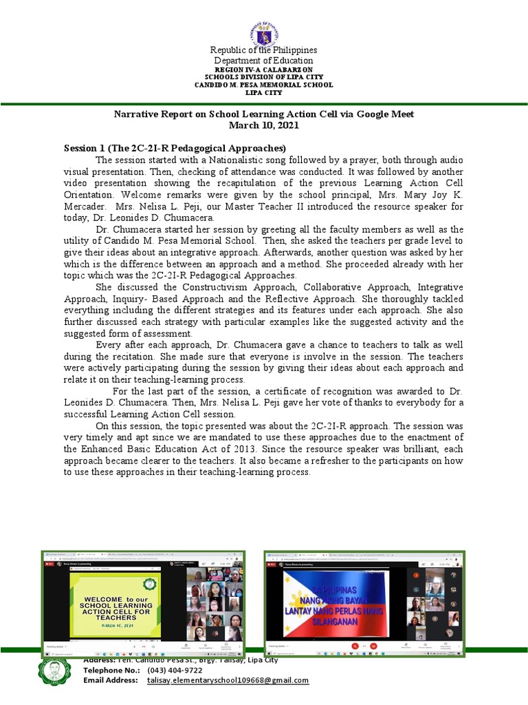 Narrative Report On School Learning Action Cell Via Google Meet March ...