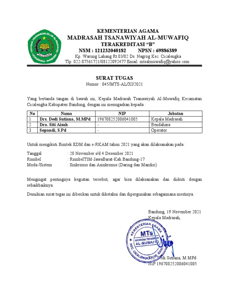 Surat Tugas Bimtek Edm Dan Erkam | PDF