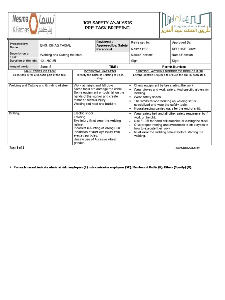 Job Safety Analysis Pre-Task Briefing: Reviewed / Approved By: Safety ...