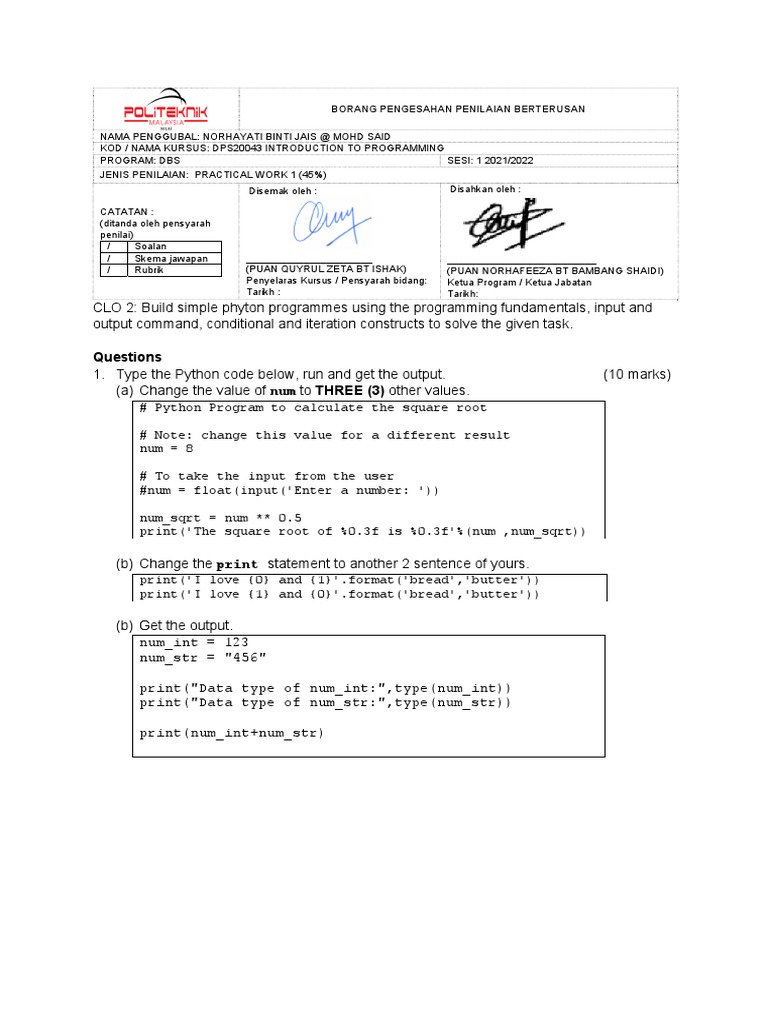 Questions: Borang Pengesahan Penilaian Berterusan | PDF | Body Mass Index | Computer Programming