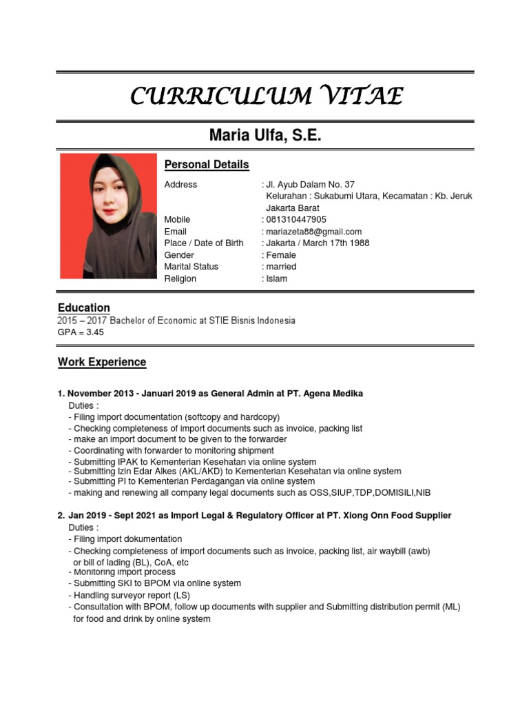 Curriculum Vitae: Maria Ulfa, S.E | PDF | Business Documents
