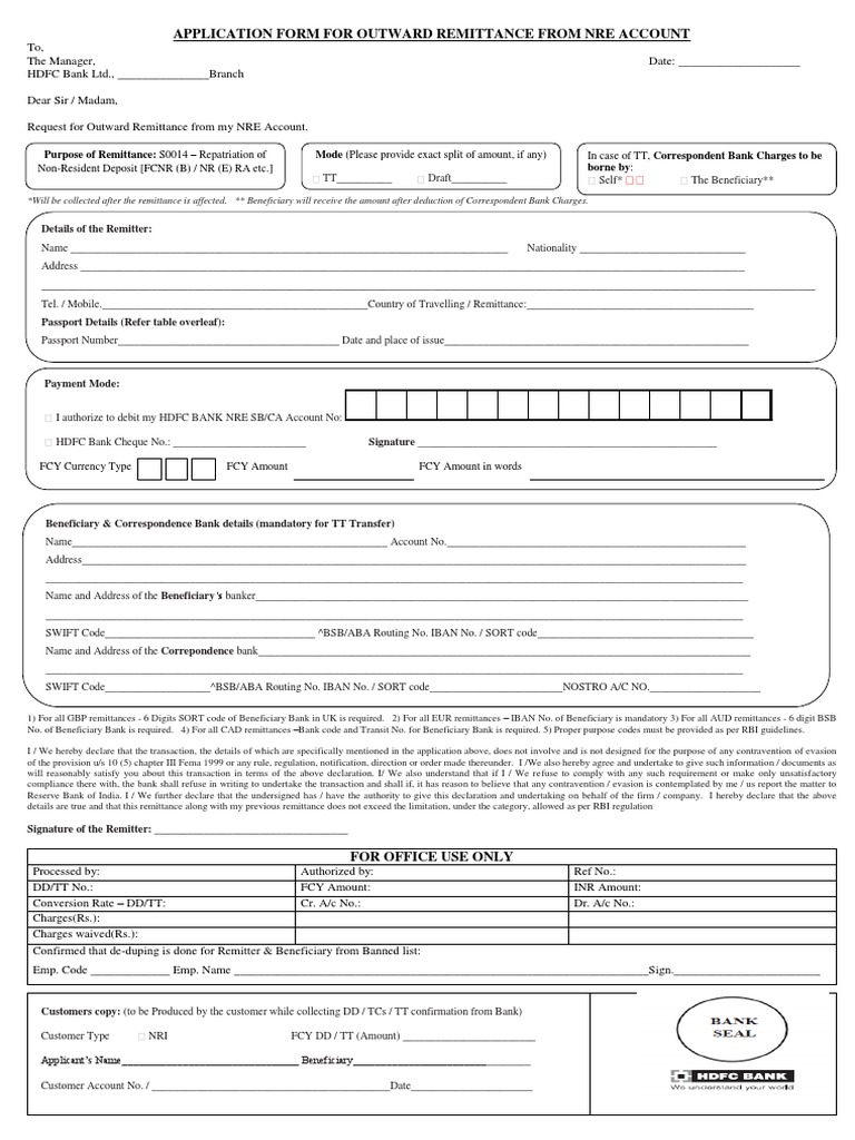 Application Form For Outward Remittance From Nre Account | PDF | Money ...