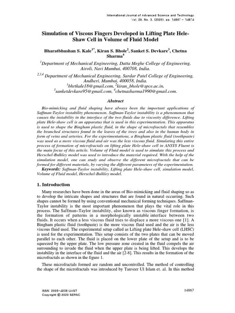 Simulation of Viscous Fingers Developed in Lifting Plate Hele-Shaw Cell ...