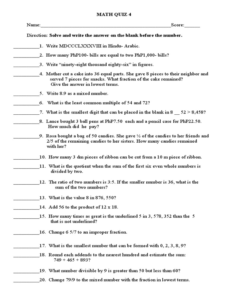 2019 Math Quiz in Grade 4 | PDF | Division (Mathematics) | Numbers