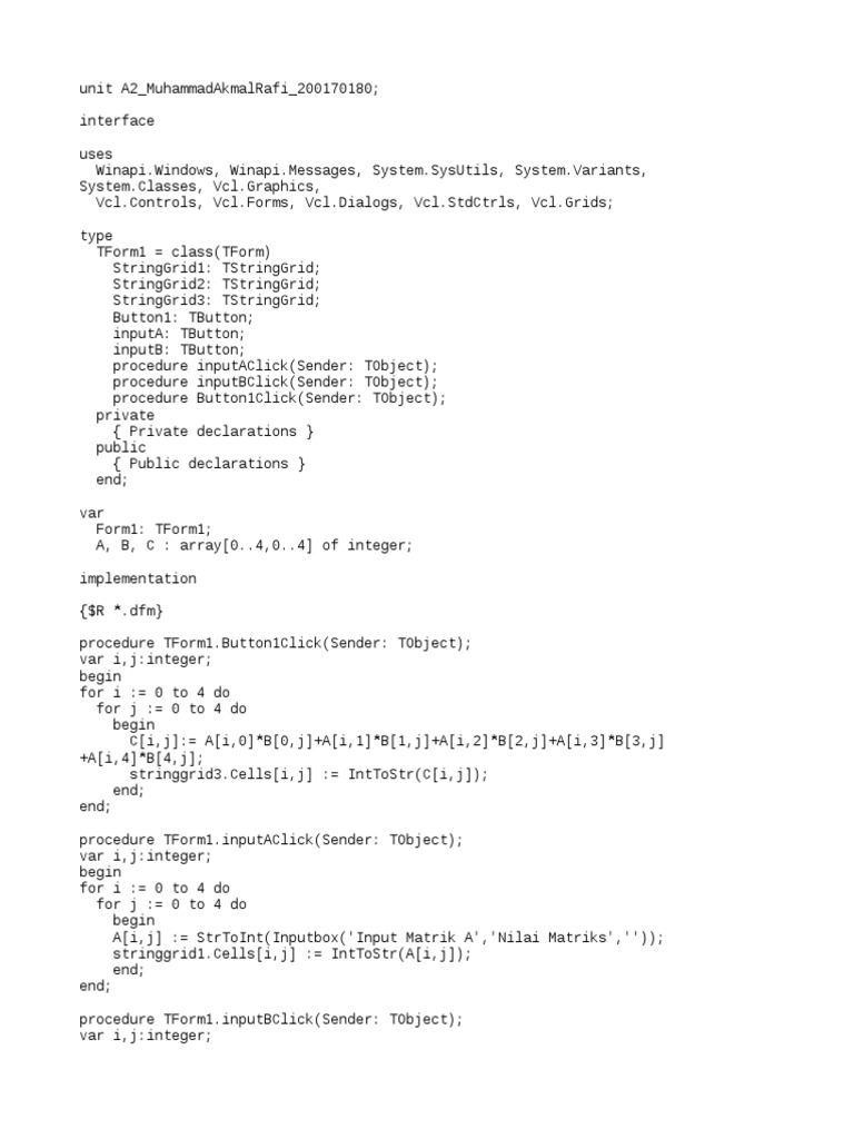Coding Delphi 10.4 Perkalian Matriks Ordo 5x5 | PDF