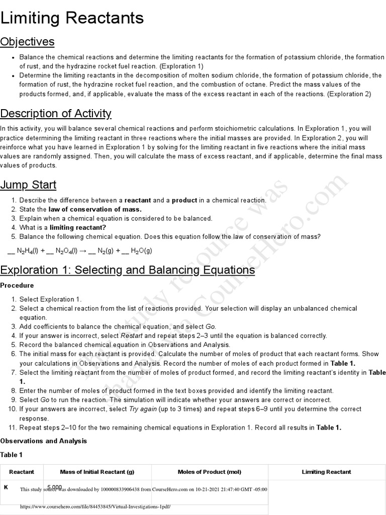 Determining Limiting Reactants and Calculating Product Masses in ...