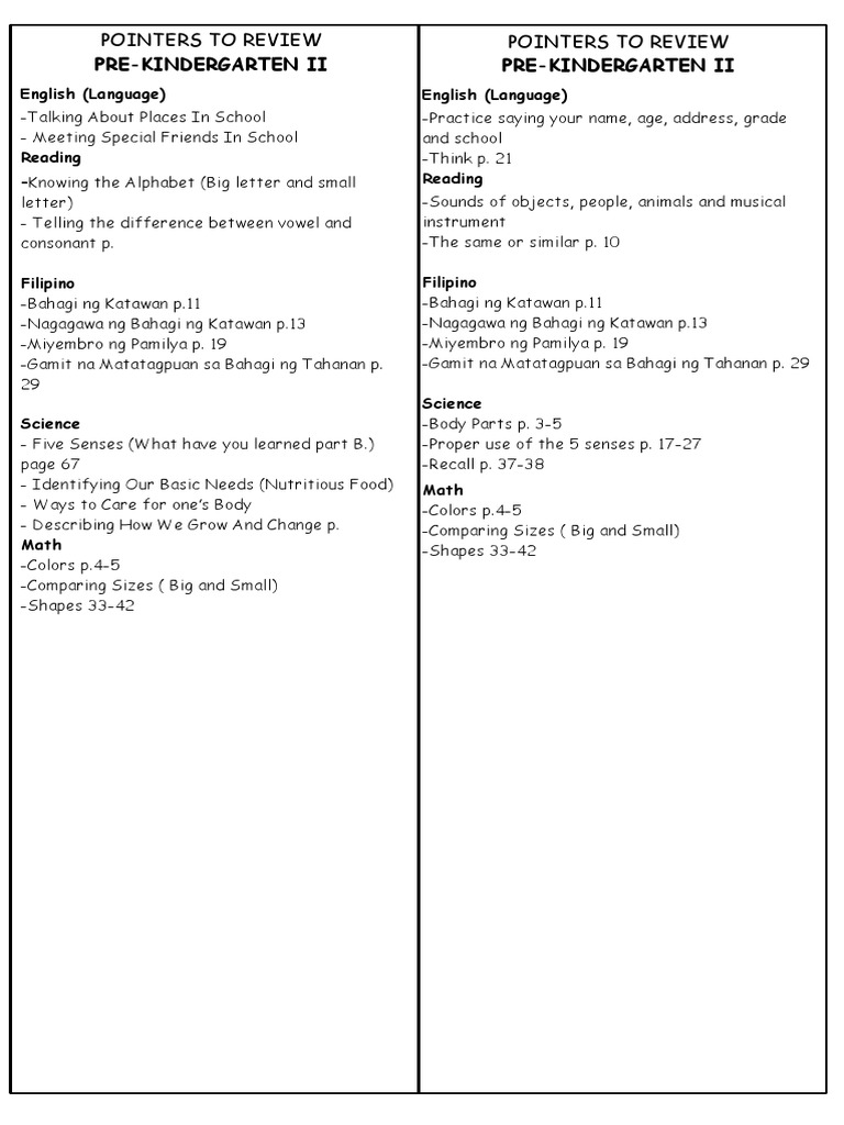 Pre-Kindergarten Ii Pre-Kindergarten Ii: Pointers To Review Pointers To Review | PDF