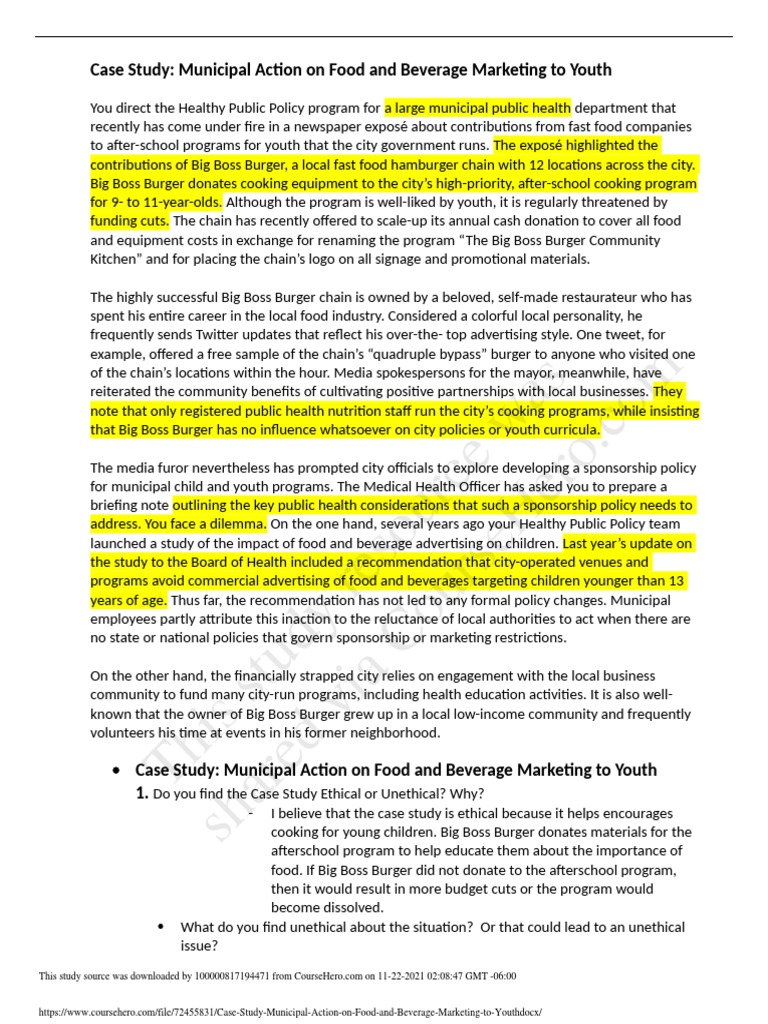 Case Study Municipal Action On Food and Beverage Marketing To Youth ...
