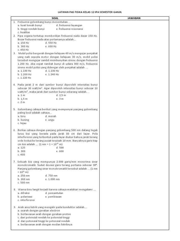 Latihan Fisika Kelas 12 IPA Ganjil | PDF | Sains & Matematika ...