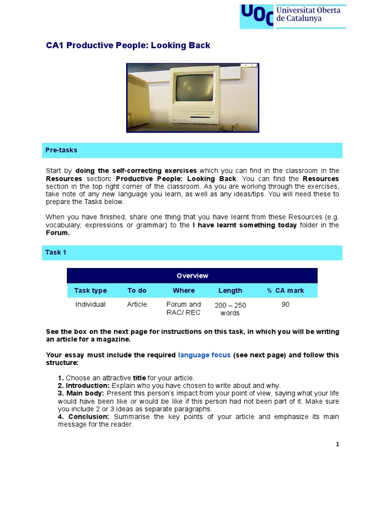 CA1 Productive People: Looking Back: Pre-Tasks | PDF | Essays | Cognitive Science