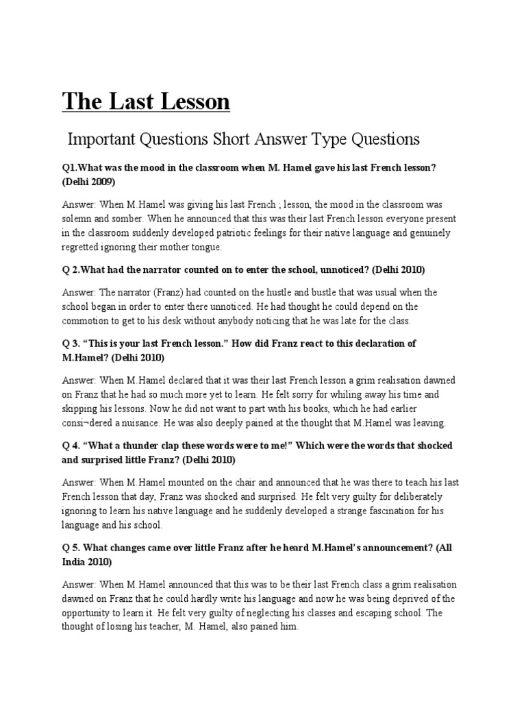 The Last Lesson: Important Questions Short Answer Type Questions | PDF