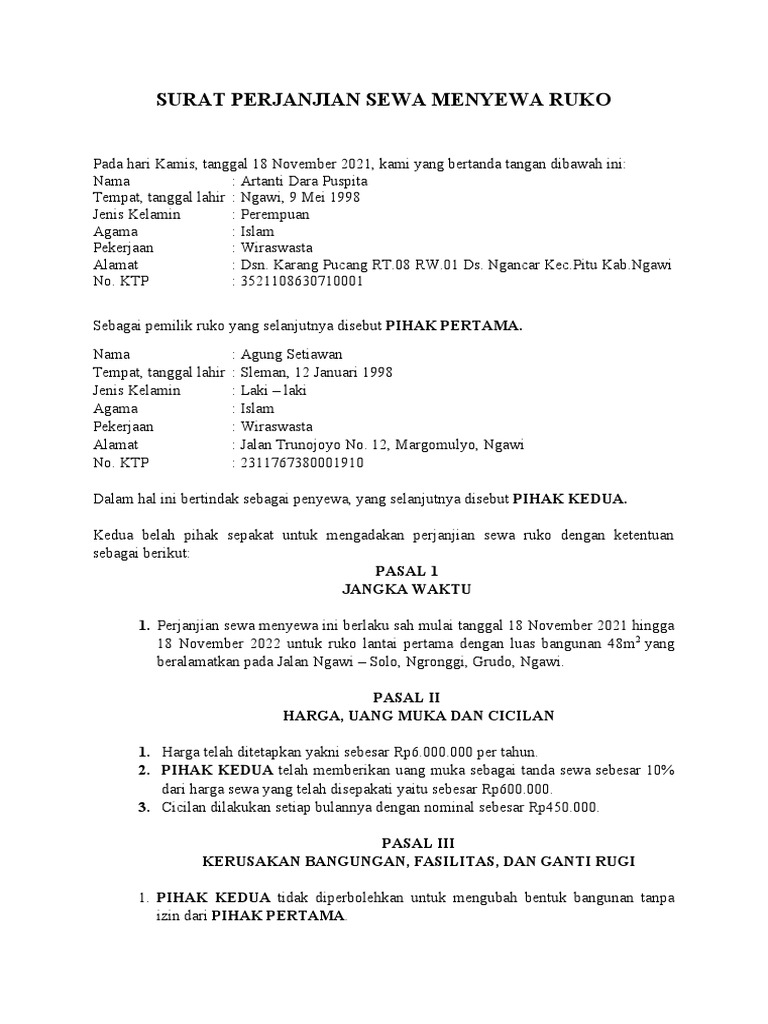 Perjanjian Sewa Ruko | PDF