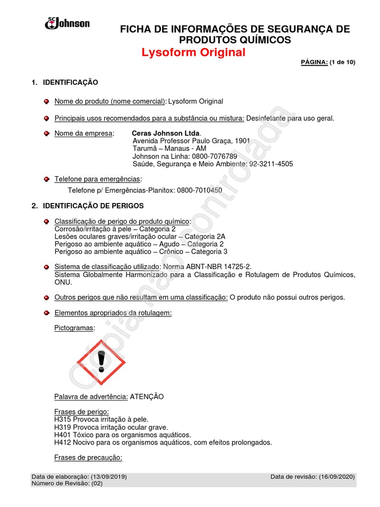 FISPQ Lysoform Desinfetante SCJohnson | PDF | Embalagem e rotulagem ...