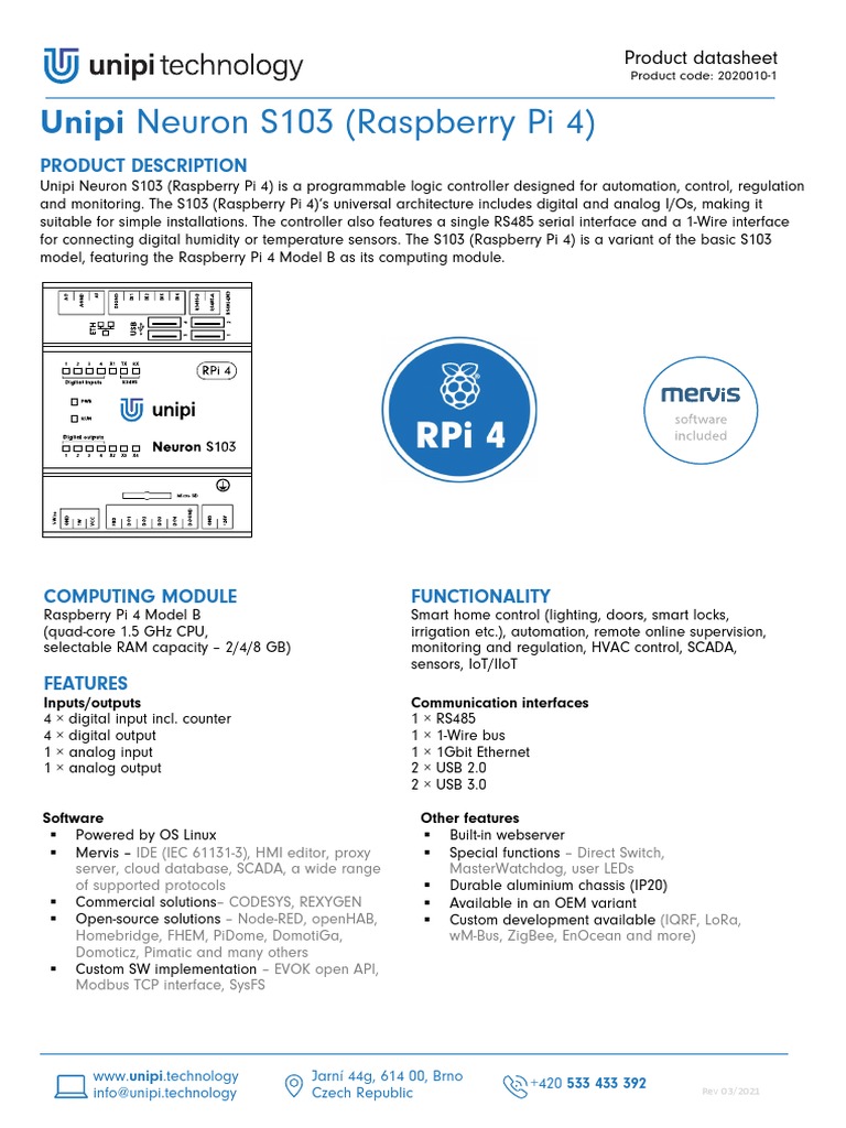Unipi Neuron S103 (Raspberry Pi 4) : Product Description | PDF | Raspberry Pi | Scada