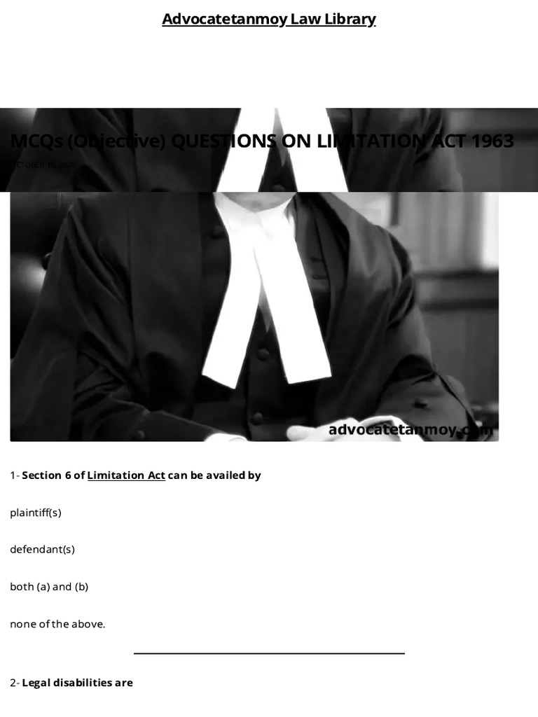 MCQs (Objective) QUESTIONS ON LIMITATION ACT 1963 - Advocatetanmoy Law Library | PDF | Lawsuit ...