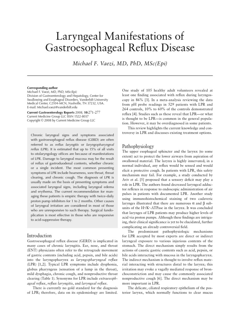 Laryngeal Manifestations of Gastroesophageal Reflux Disease | PDF ...