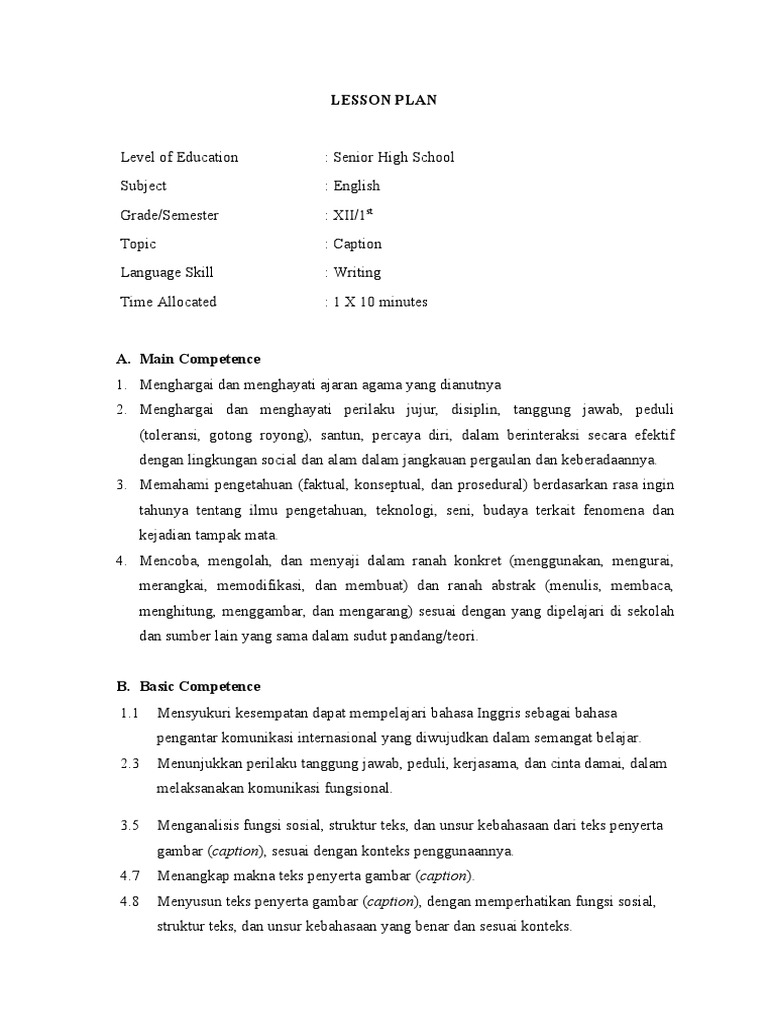 Lesson Plan Sma Xii Caption | PDF
