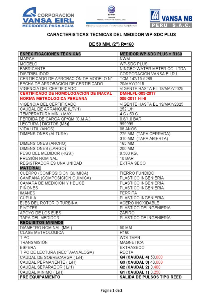 50 ESPECIFICACIONES TÉCNICAS DEL MEDIDOR WP SDC PLUS DE 50 Mm. R 160 | PDF | Ingeniería de ...