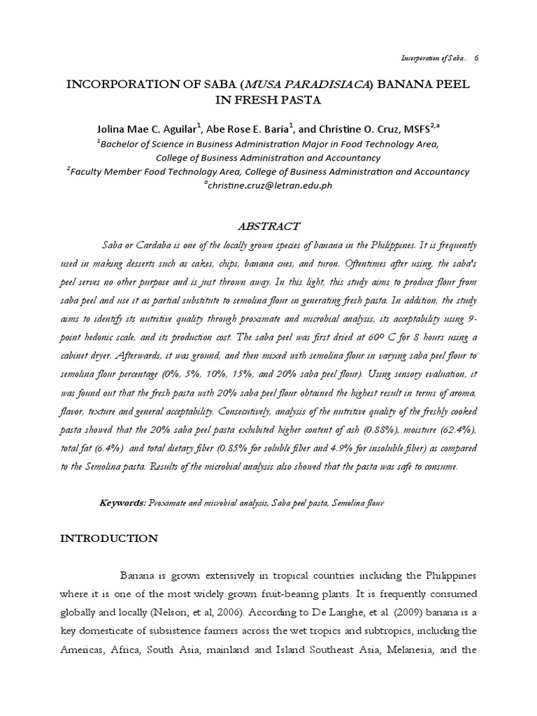 Incorporation of Saba Banana Peel in Fresh Pasta: Musa Paradisiaca ...