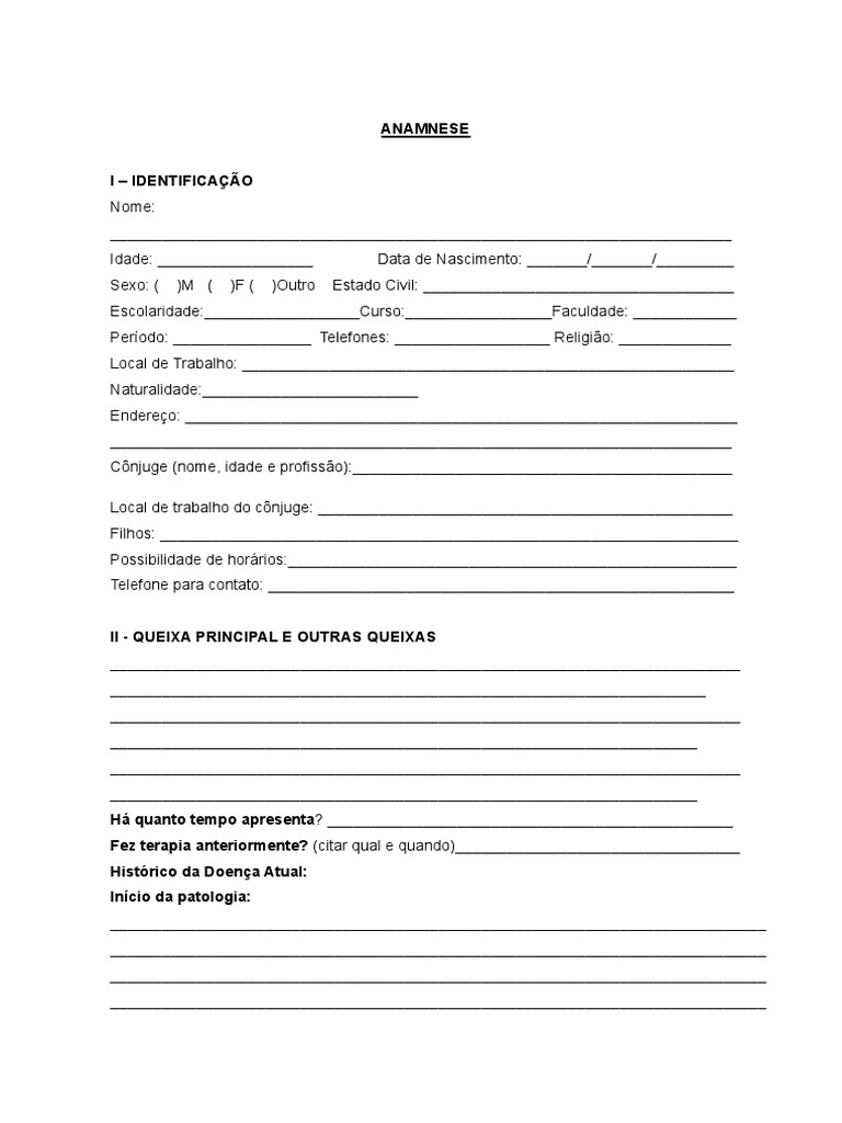 Anamnese Adulto MODELOS - Psicologia Clinica | PDF | Psiquiatria ...
