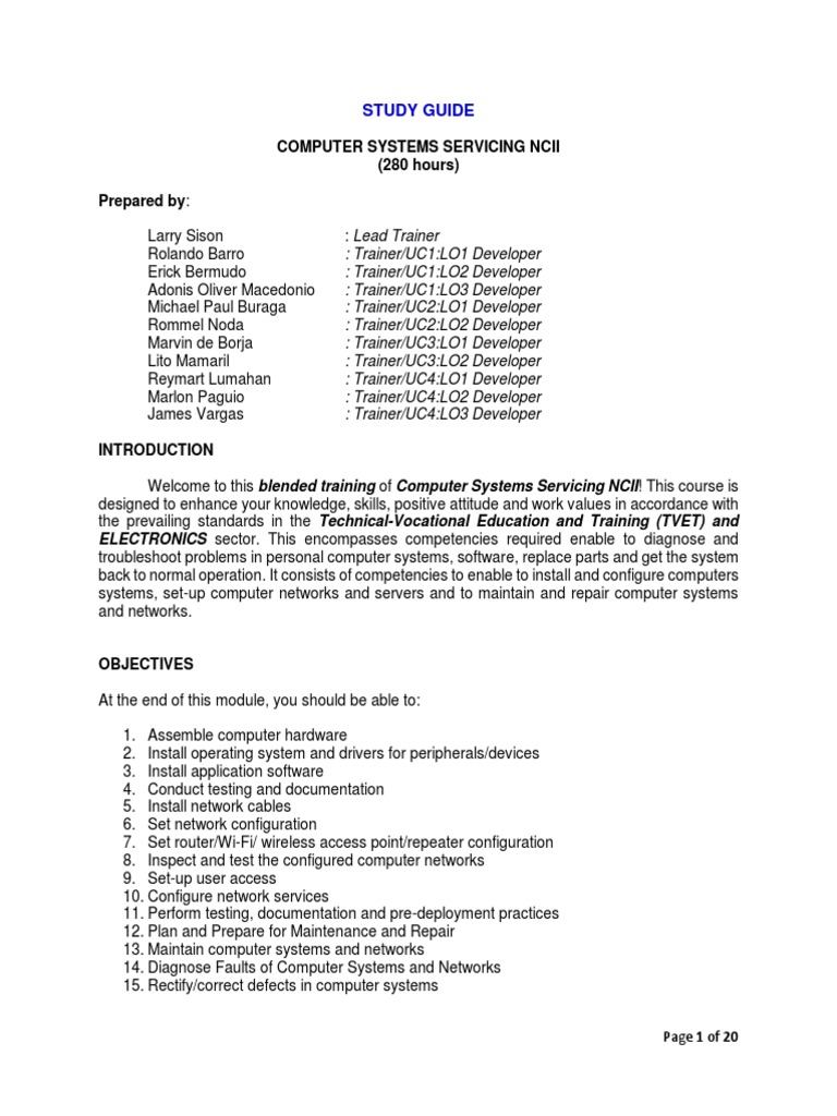 Computer Systems Servicing Ncii (280 Hours) Prepared By:: Study Guide | PDF | Computer Network ...