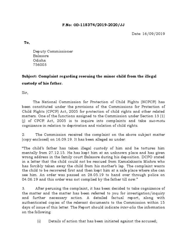 Rescuing a Minor Child from Illegal Custody: A Letter from the National ...