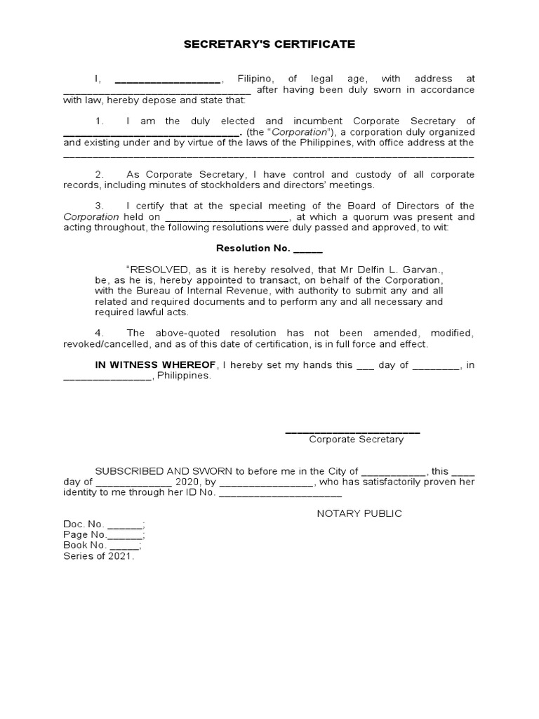Secretary's Certificate for BIR Registration | PDF