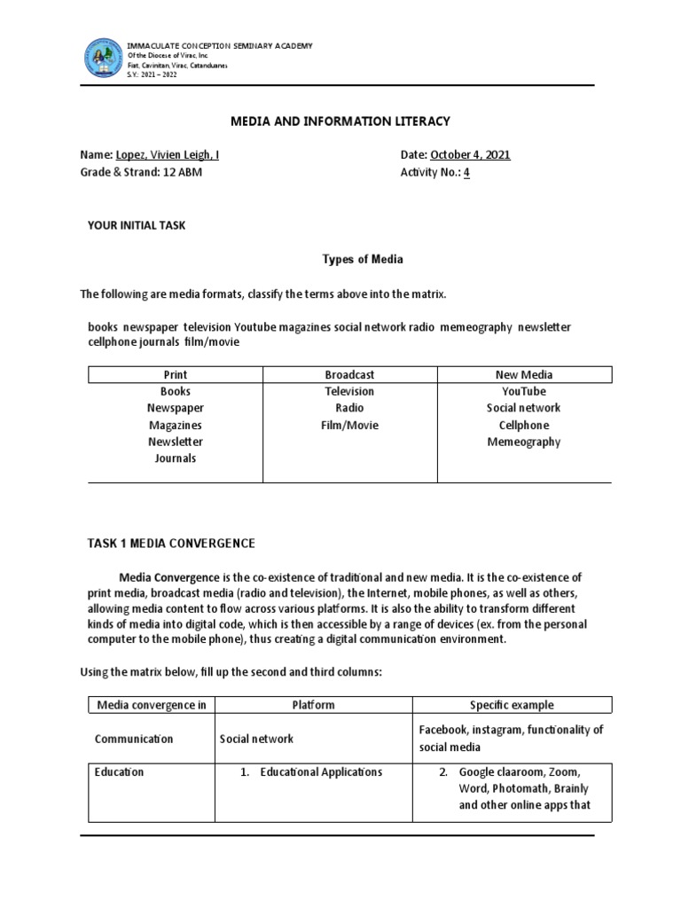 MIL Activity 4 | PDF | Mass Media | Technological Convergence