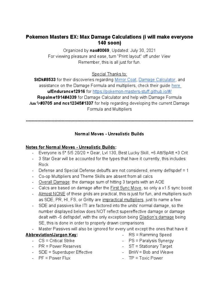 Pokemon Masters Max Damage Calcs | PDF