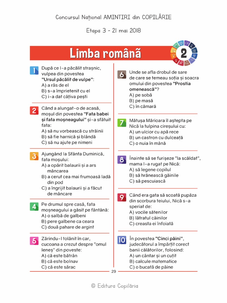Subiecte Concurs Amintiri Din Copilarie - Clasa - 2 - Etapa - 3-Din 2017-2018 | PDF