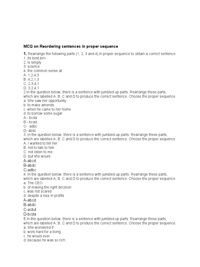 Mcq On Reordering Sentences In Proper Sequence Pdf