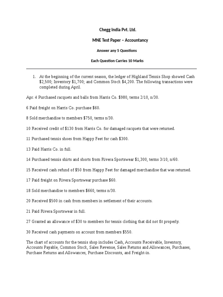 Chegg India Pvt. Ltd. MNE Test Paper - Accountancy: Answer Any 5 ...