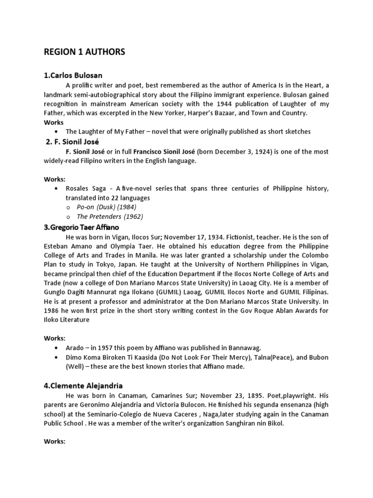 Region 1 Authors: 1.carlos Bulosan | PDF | Philippines