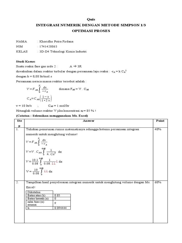 Kuis Integrasi Numerik Metode Simpson 1 Per 3 | PDF