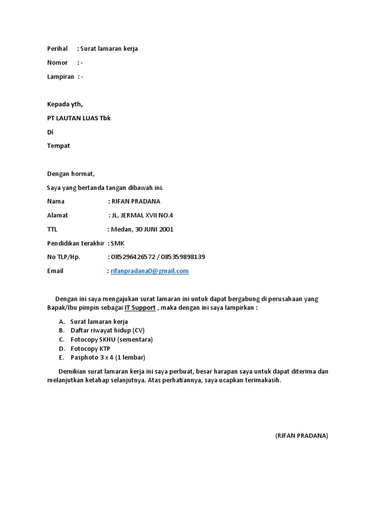 Contoh Surat Lamaran IT Support | PDF