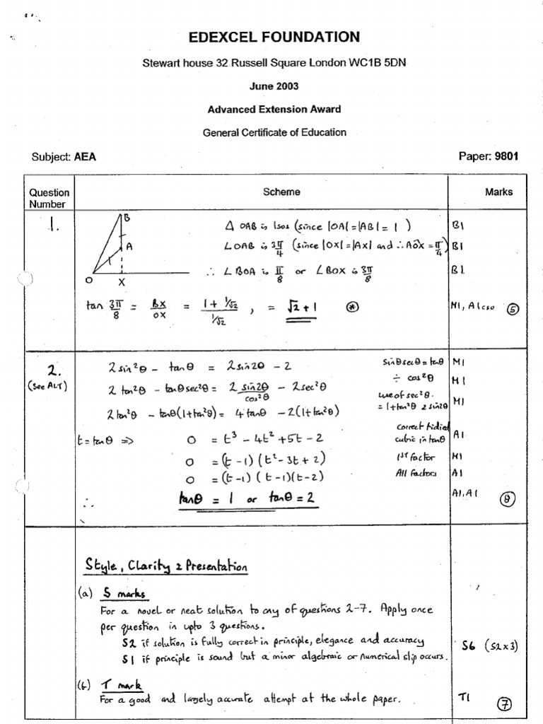 AEA Mathematics Mark Scheme June 2003 | PDF