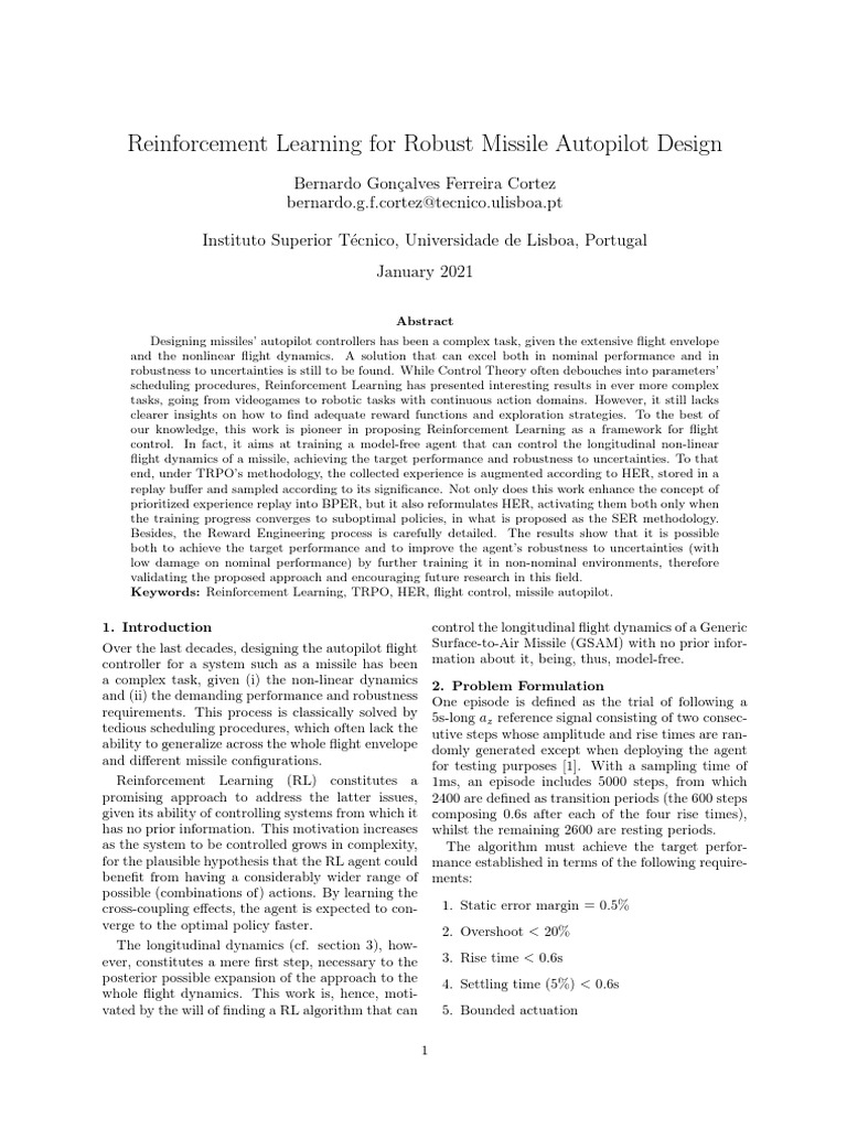 Reinforcement Learning for Missile Autopilot | PDF | Mathematics ...