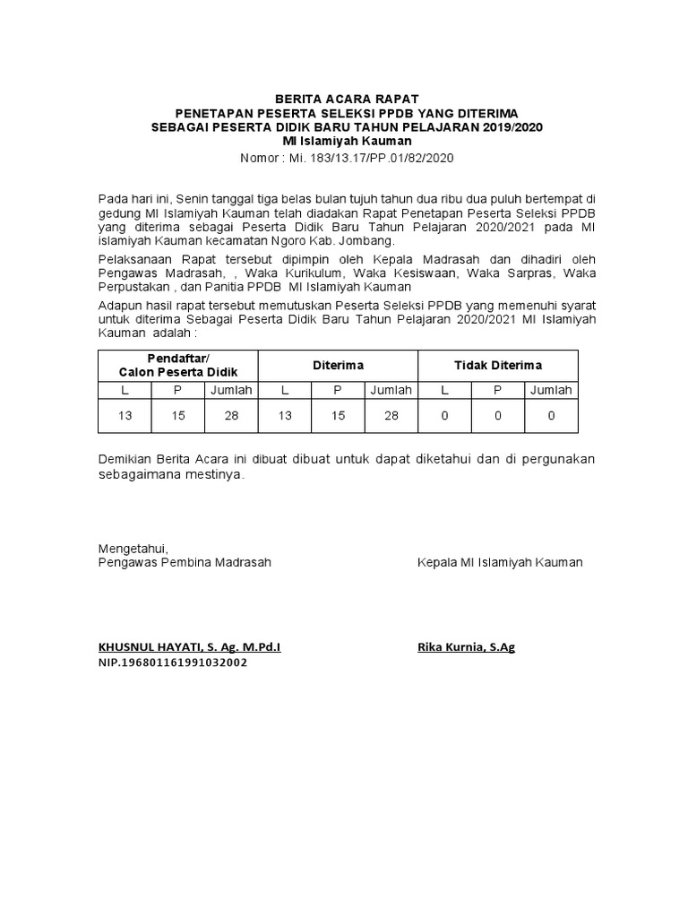 Contoh Berita Acara Rapat Penetapan Peserta PPDB Yang Diterima | PDF