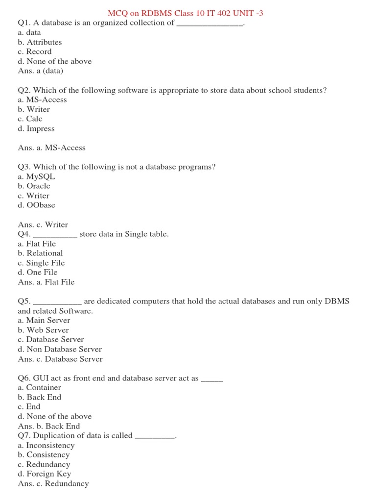 MCQ On RDBMS | Download Free PDF | Relational Database | Databases