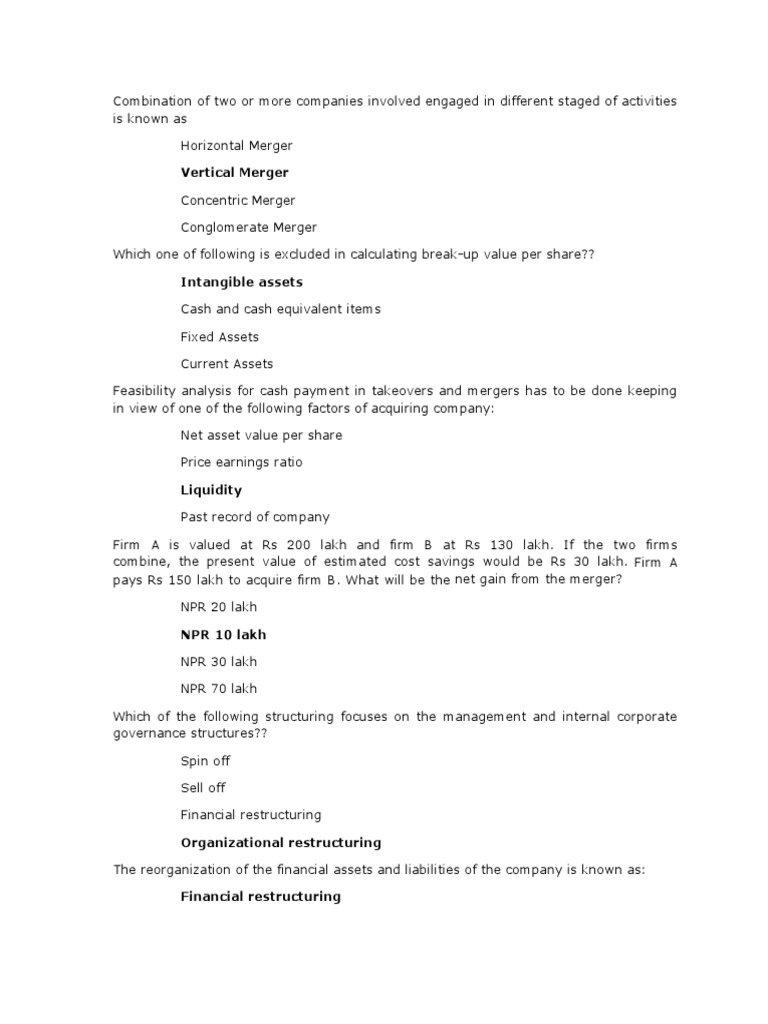 MCQs | PDF | Mergers And Acquisitions | Leveraged Buyout