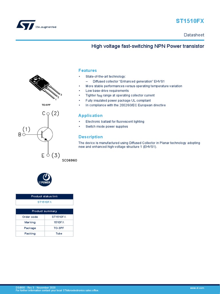 High Voltage Fast-Switching NPN Power Transistor: ST1510FX | PDF | Bipolar Junction Transistor ...