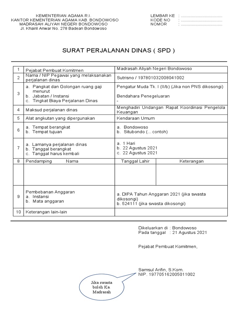 SPD Rapat Koordinasi Keuangan Bondowoso | PDF