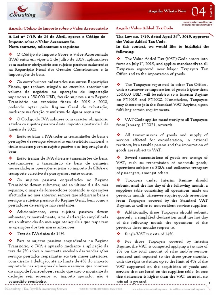 Angola: Código Do Imposto Sobre o Valor Acrescentado Angola: Value ...
