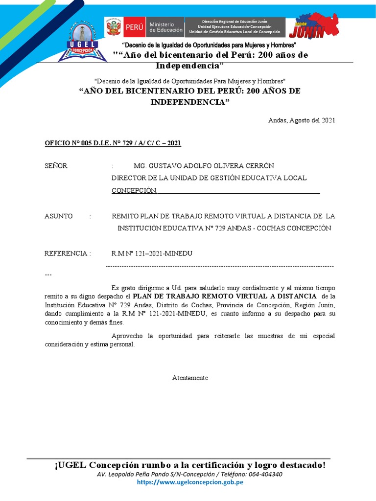 I.E. 729 Oficio #027 Plan de Trabajo Remoto Virtual de Agosto | PDF